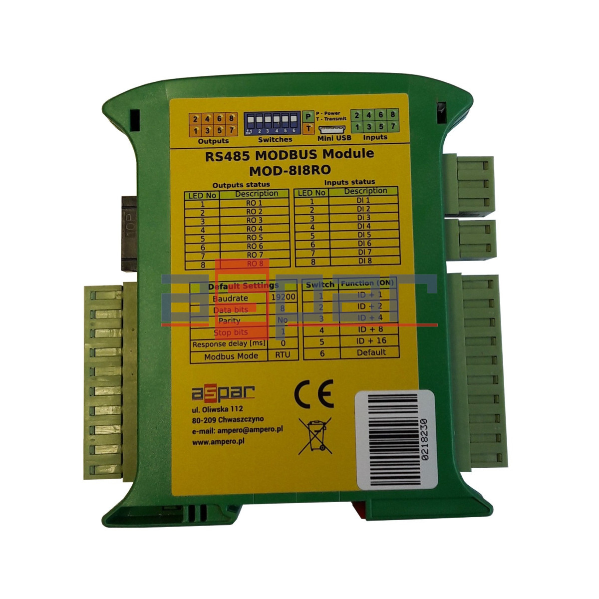 MOD-8I8RO, IO Modbus module, 8 digital inputs, 8 relay outputs, MOD8I8RO, Modbus, SLIM,RTU ...