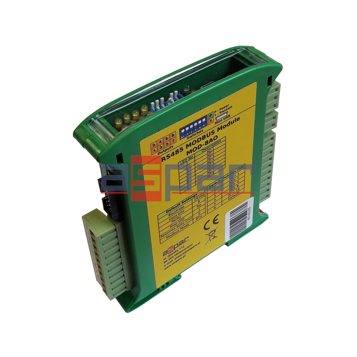 MOD-8AO, 8 analog outputs, MOD8AO, IO Modbus module, Modbus, RTU, ASCII, slave, SLIM, sfar, ampero